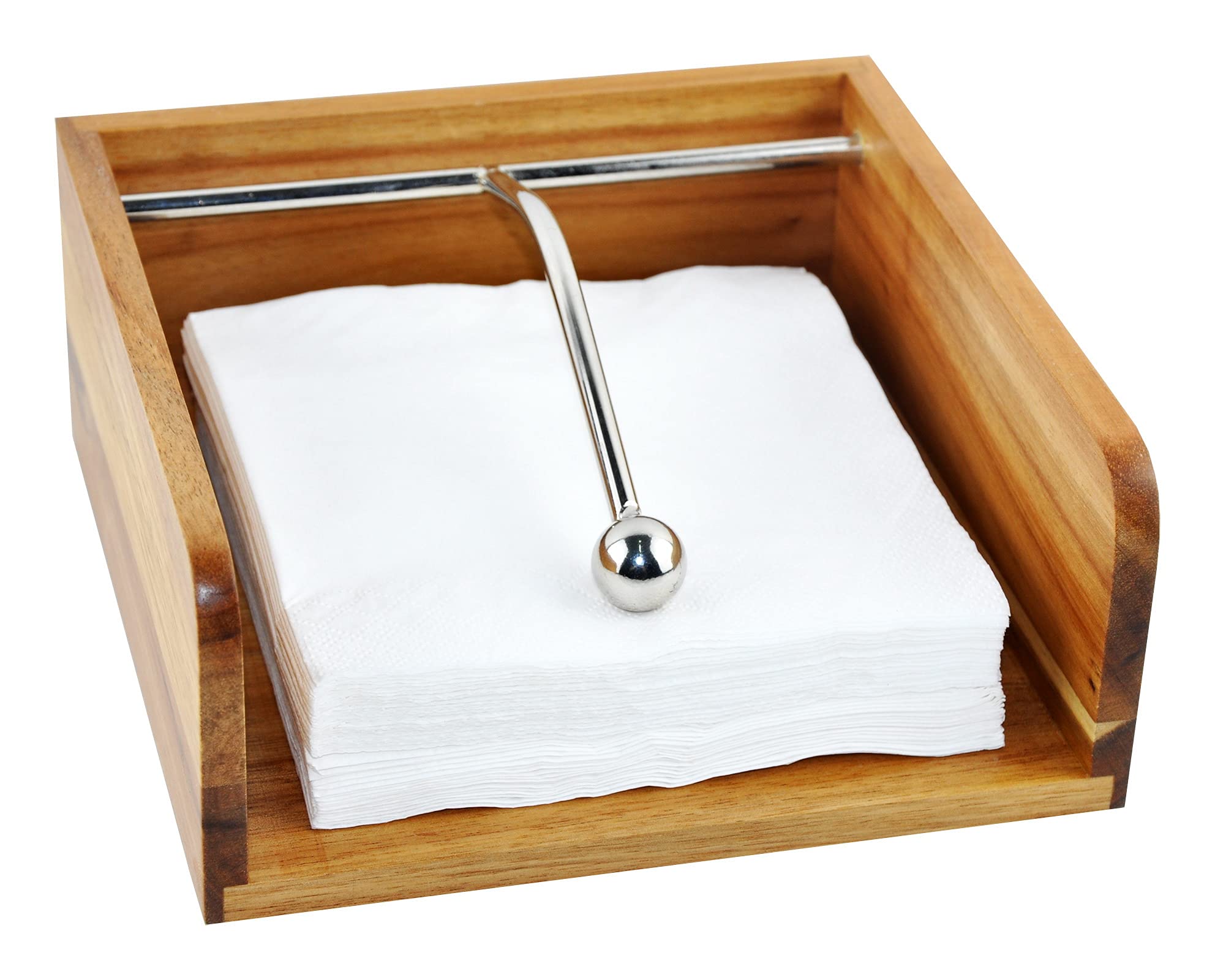 Spiretro Cocktail Paper Napkin Flat Holder, Decorative Beverage Napkin Caddy with Sophisticatedly Metal Center Bar, Solid Acacia Wood with Grain for Kitchen Dinging Countertop, Rustic Natural Brown