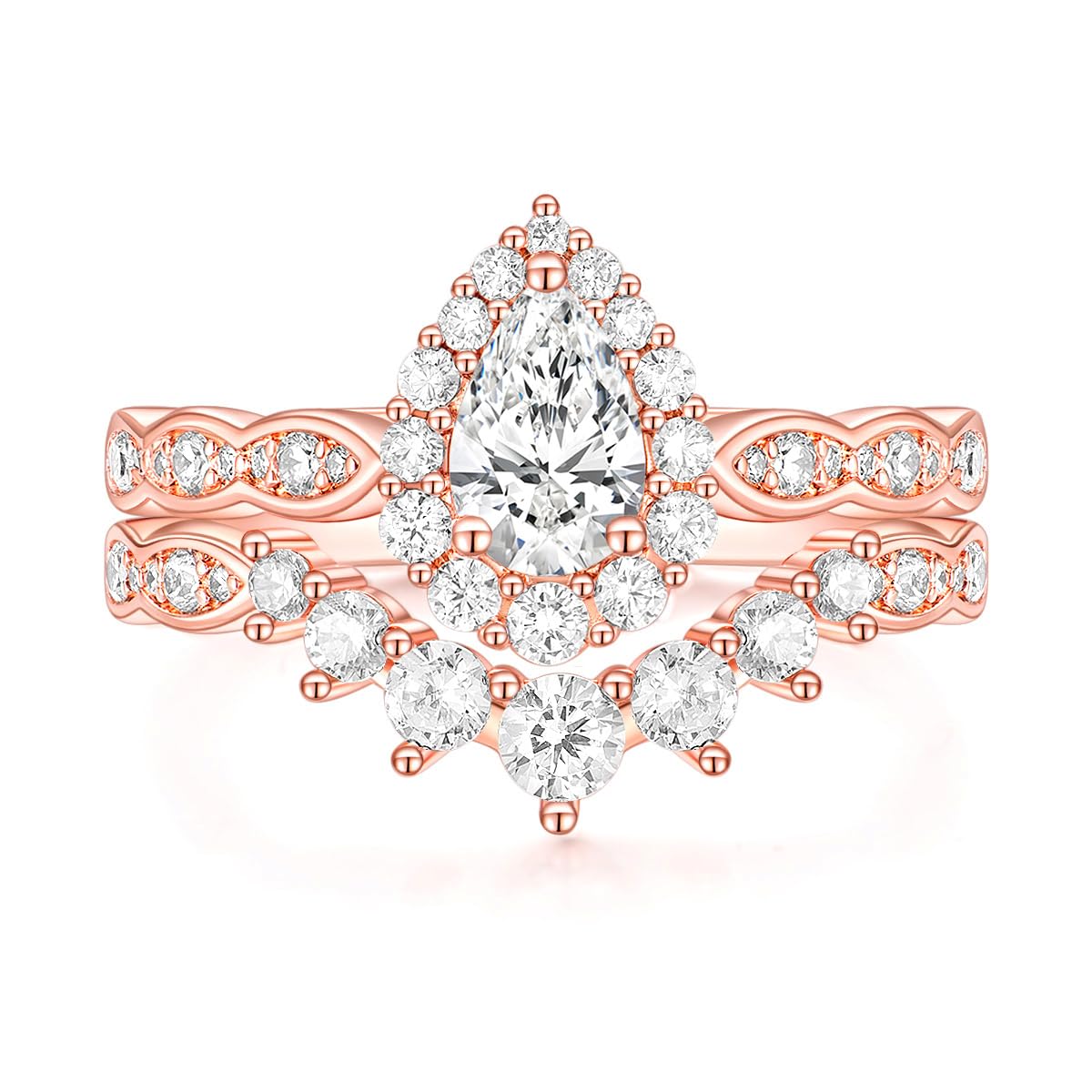 TIGRADE 1CT Bridal Ring Sets Teardrop Wedding Band Vintage Pear Cubic Zirconia Engagement Ring Halo CZ Promise Ring Gift for Women Size 3-12.5, Rose Gold,Size 7