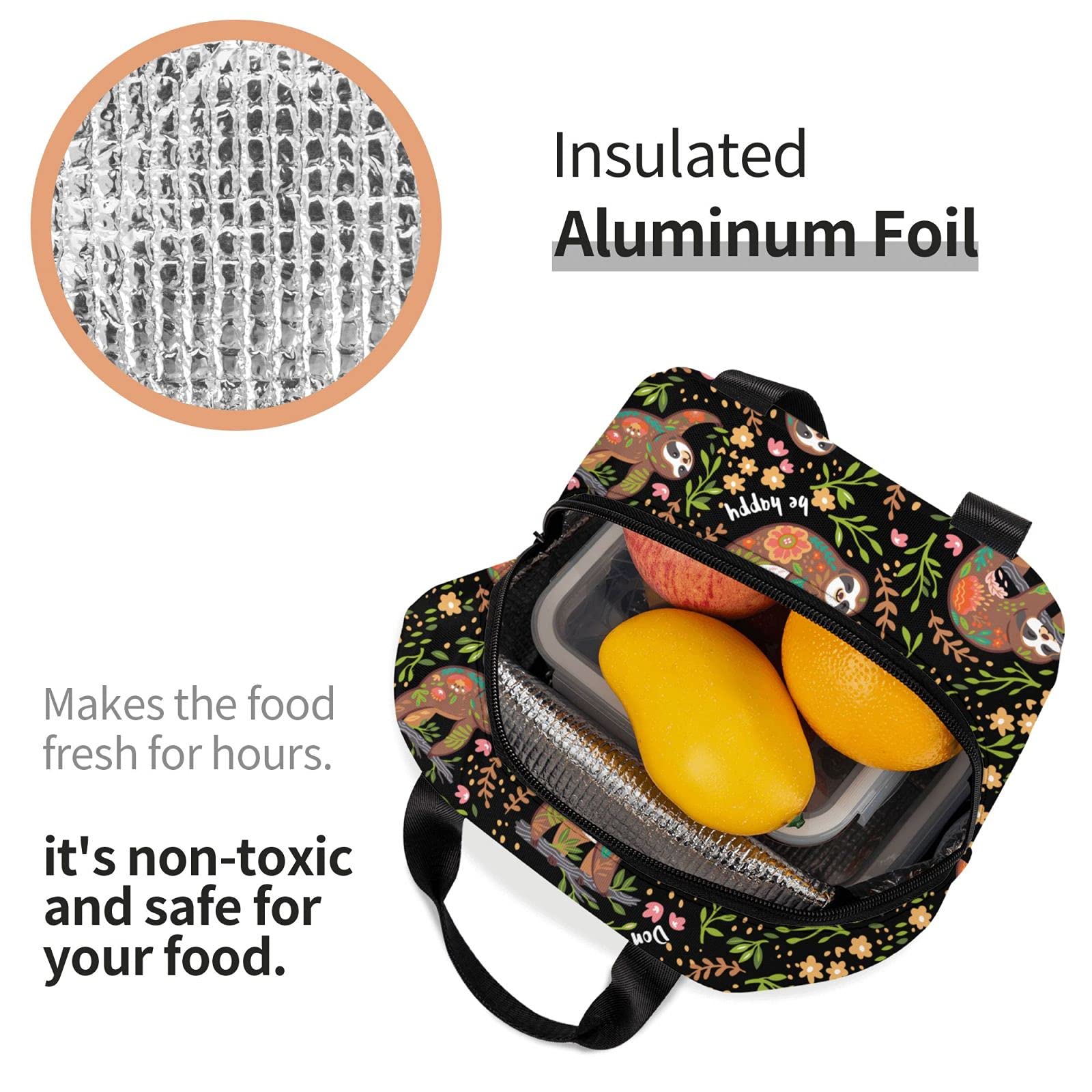 Sloth Insulated Lunch Bag with Front Pocket,Reusable Cooler Tote with Zipper for Men & Women