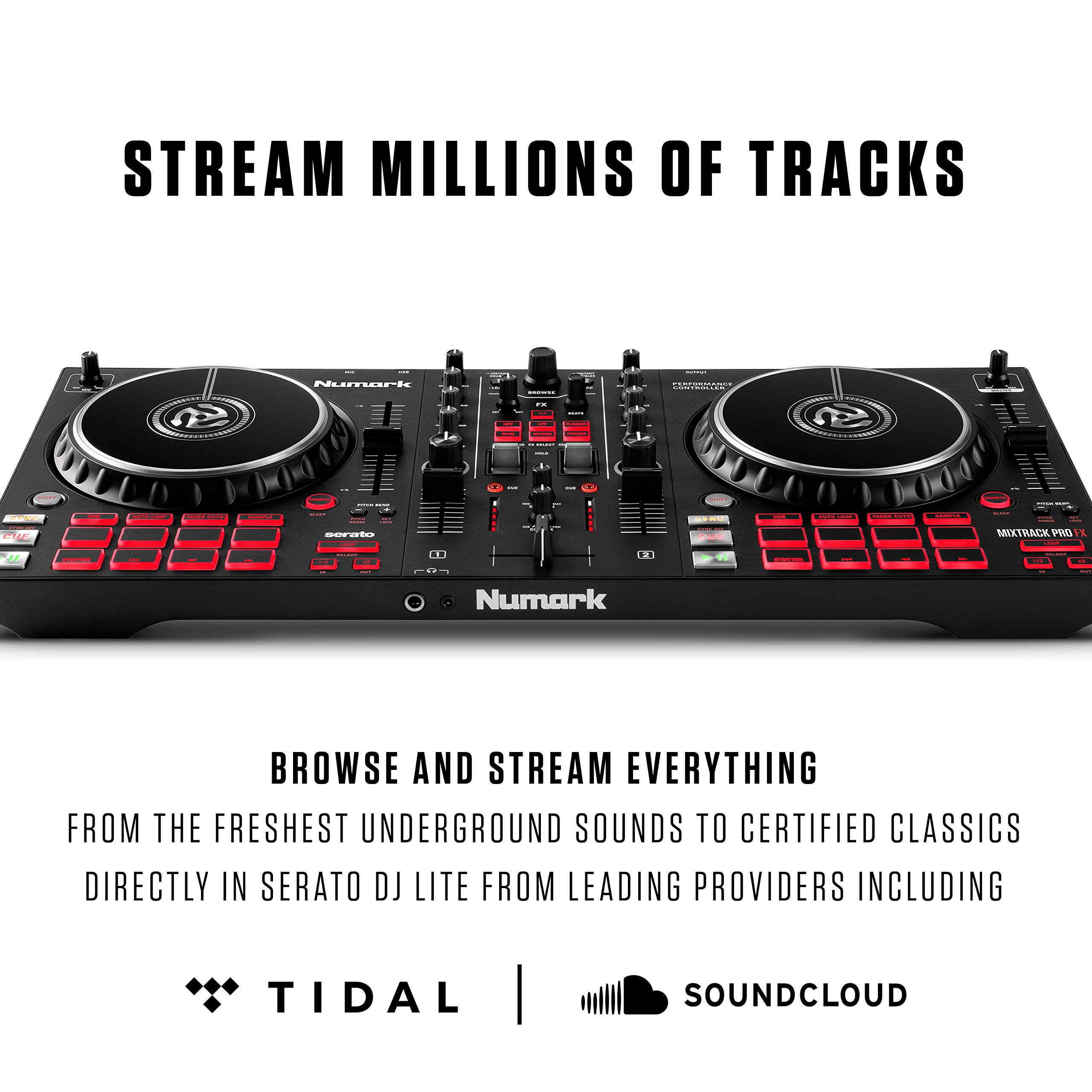 Numark Mixtrack Pro FX + HF125 β 2 Deck DJ Controller For Serato DJ with DJ Mixer, Built-in Audio Interface, and Professional DJ Headphones