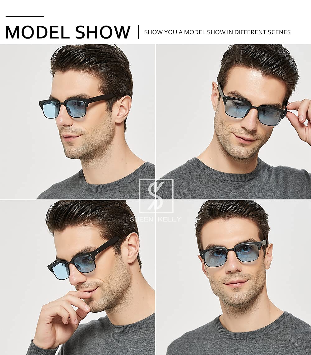 Retro Tony Stark Sunglasses for Men Women Browline Beckham Semi-Rimless Glasses Vintage Blue Black Lens