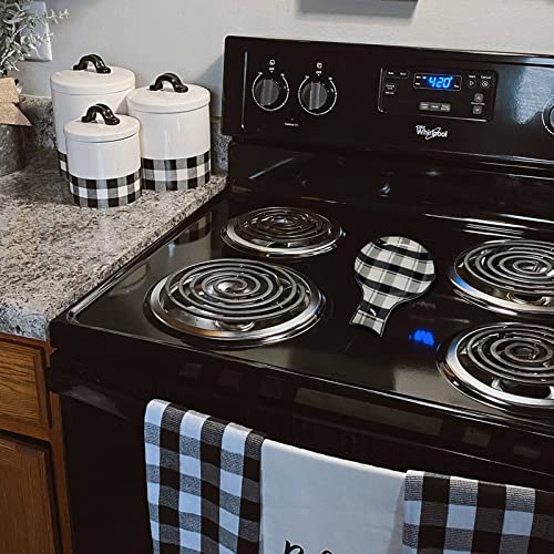 Spoon Rest for Stove Top - Ceramic Spoon Holder for Kitchen Counter, 5.8in, Black and White Plaid