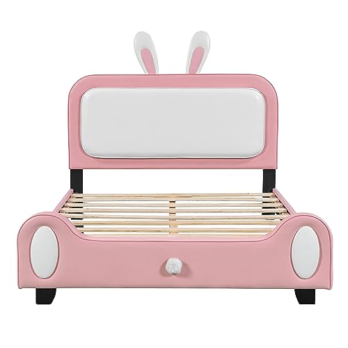 YSWH Full Size Upholstered Rabbit Shaped Princess Bed, Wood Platform Bed Frame with Bunny Ears Headboard and Bunny Tail Footboard, Kids Bedroom Furniture Fun Cute Rabbit Bed Pink Bed