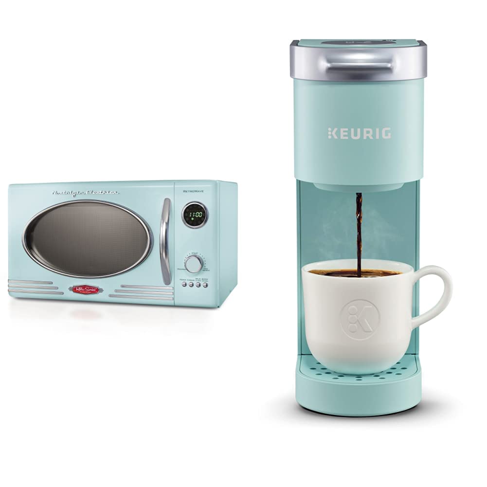 Nostalgia Retro Countertop Microwave Oven, 0.9 Cu. Ft. 800-Watts with LED Digital Display, Child Lock, Cu.Ft, Aqua & Keurig K-Mini Coffee Maker, Single Serve K-Cup Pod Coffee Brewer, 6 to 12 oz.