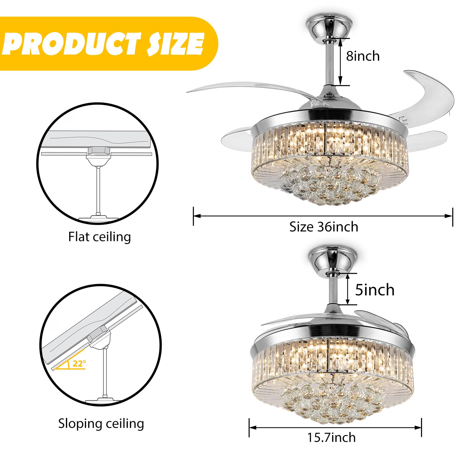 Panghuhu88 36" Invisible Ceiling Fan Chandelier Light,Modern Crystal Ceiling Fan Light Remote Control 4 Retractable ABS Blades for Bedroom Living Room Dining Room Decoration (Silver)