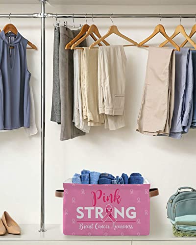 Pink Ribbon Storage Baskets for Organizing, Breast Cancer Awareness Women Bow Fabric Storage Bins for Shelf, Collapsible Cube Bin with Handles for Closet(15''x11''x9.5'')