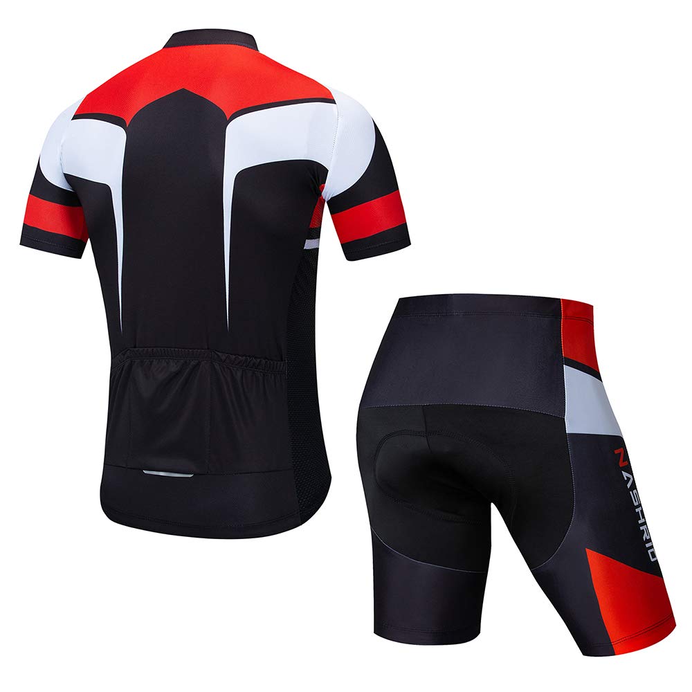 NASHRIO Men's Cycling Jersey Set Bicycle Short Sleeve Set Quick-Dry Breathable Shirt+3D Cushion Shorts Padded Pants/Bib Short Black