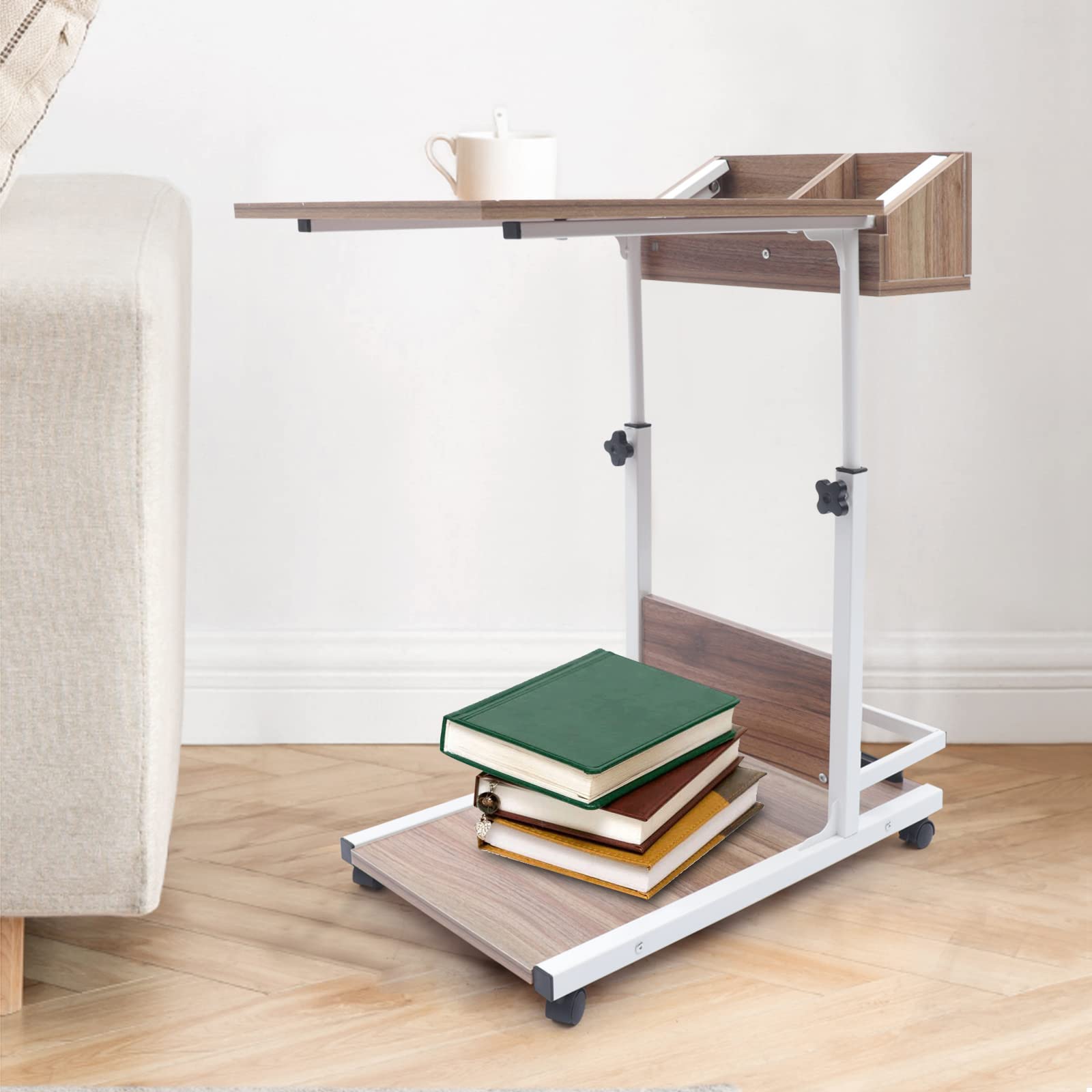 MhdunueSK C Shaped End Table with Lockable Universal Wheels,Rolling Sofa Side Table with Storage Wooden Snack Side Table Mobile Couch Table,55-80Cm Adjustable Height Range
