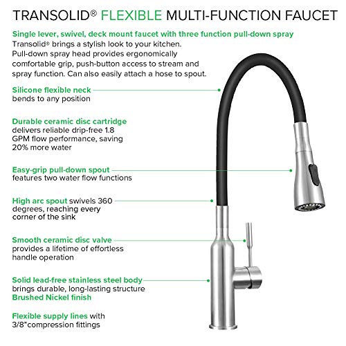 Transolid PF7509A Kitchen/Laundry Faucet with Dual Spray and Flex Neck in Black