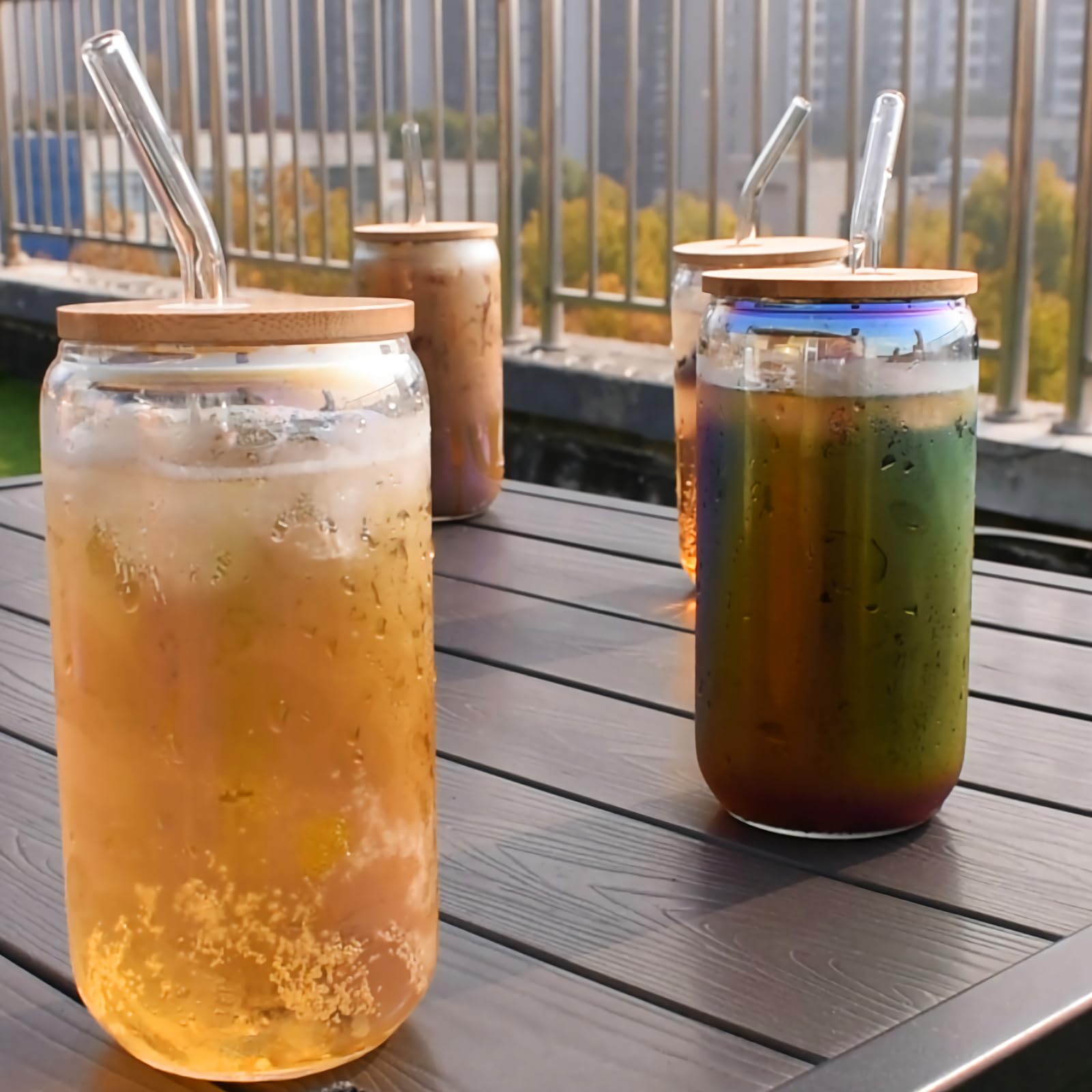 RoweLLsouL Glasses with Bamboo Lids and Clear Straws, 4 Pack 16oz Beer Glasses,Cute Tumbler Cup Iced Coffee Mug, Iced Coke Mug, Soda, Milk Tea,Gift - 4 Cleaning Brushes and 4 coasters