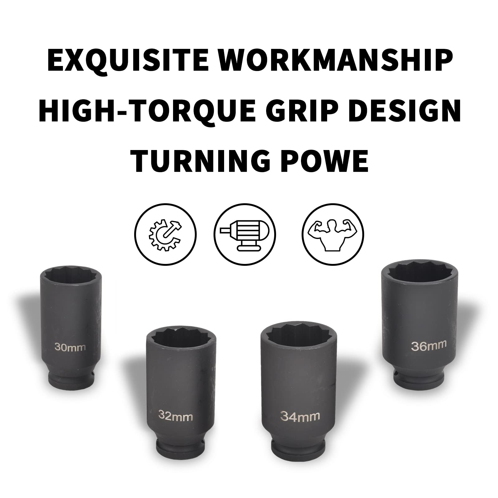 TBAPFS 4Pcs 1/2" Drive Deep Impact Socket Set 12 Point Metric 30mm 32mm 34mm 36mm Drive Spindle Axle Hub Nut Socket Set,Heavy Duty with Portable Storage Case,Use In Removing And Installing Axle Nuts