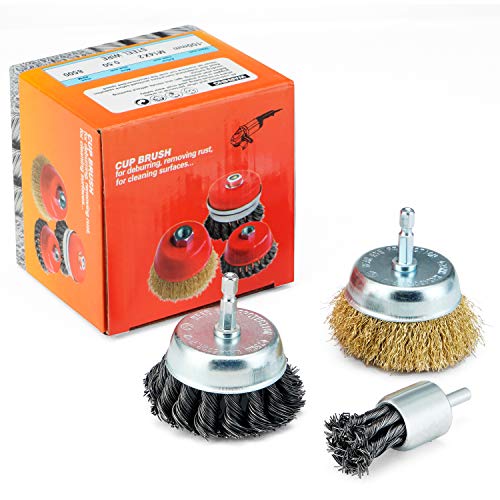 TILAX 3 Inch Wire Cup Brush End Brush Set 3 Piece, Wire Brush for Drill 1/4 Inch Hex Shank Arbor 0.012" Brass Coated Crimped and 0.019" Carbon Steel Knotted Wire Brush, for Drill Attachment