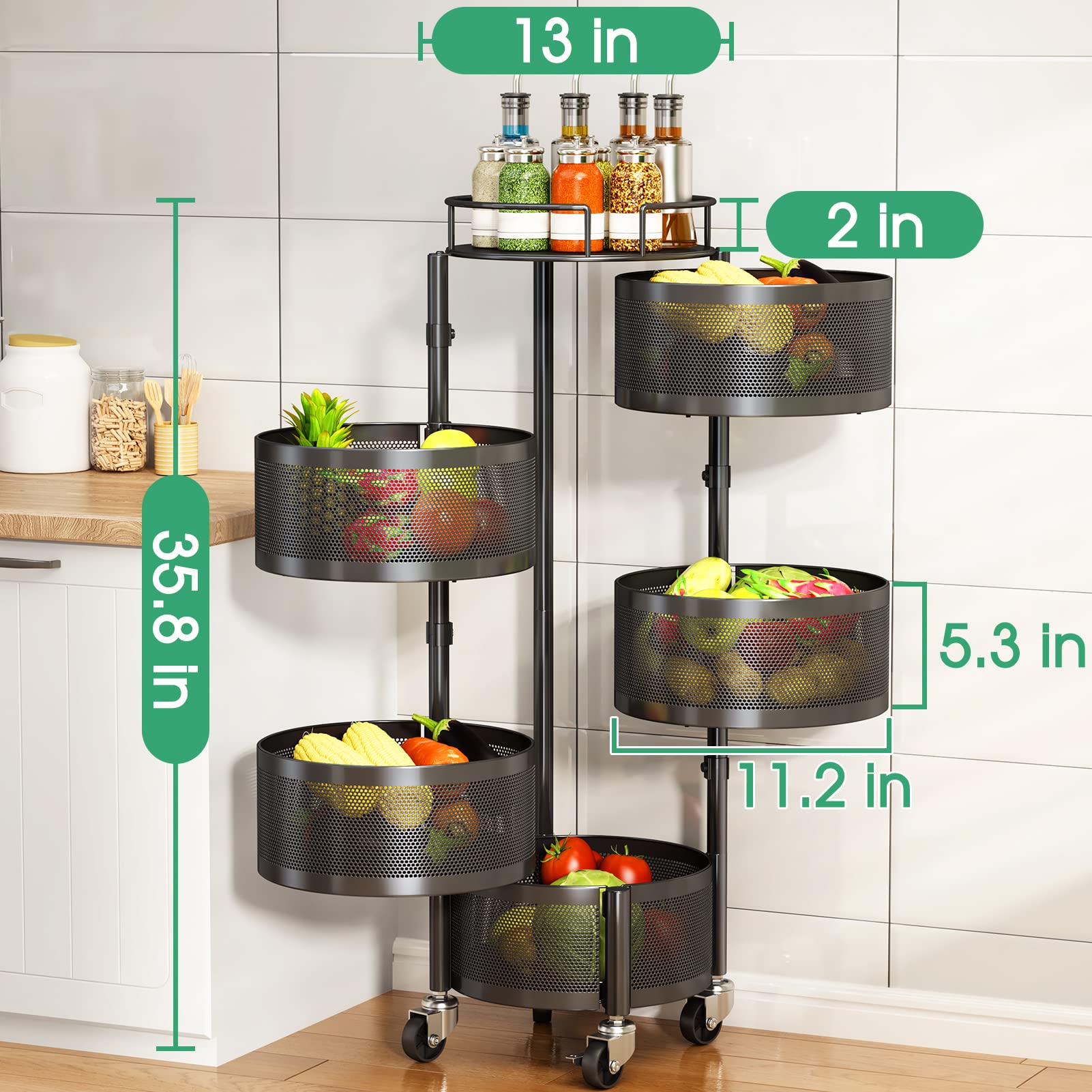 PXRACK Fruit Basket for Kitchen, 5 Tier Circular Rotating Basket Large Storage Rack with Wheels, Fruit and Vegetable Metal Wire Shelf with Top Lid for Living Room, Office, Black