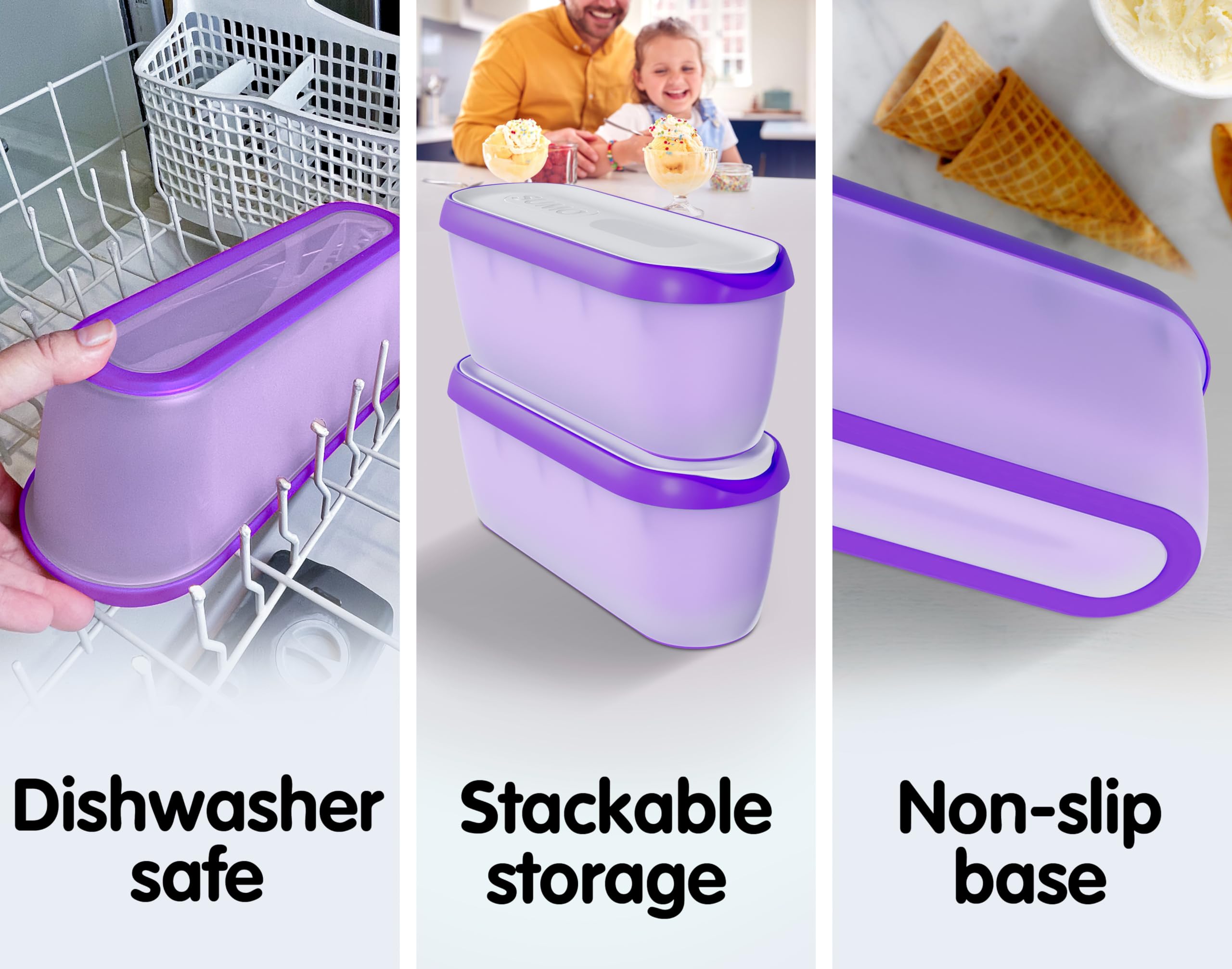 SUMO Ice Cream Containers with Lids for Homemade Ice Cream - 1.5 Quart per Container, Reusable Ice Cream Containers for Freezer Storage, Set of 2 Tubs, Purple