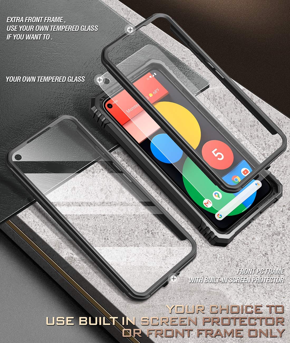Poetic Revolution Series for Google Pixel 5 Case, Full-Body Rugged Dual-Layer Shockproof Protective Cover with Kickstand and Built-in-Screen Protector, Black