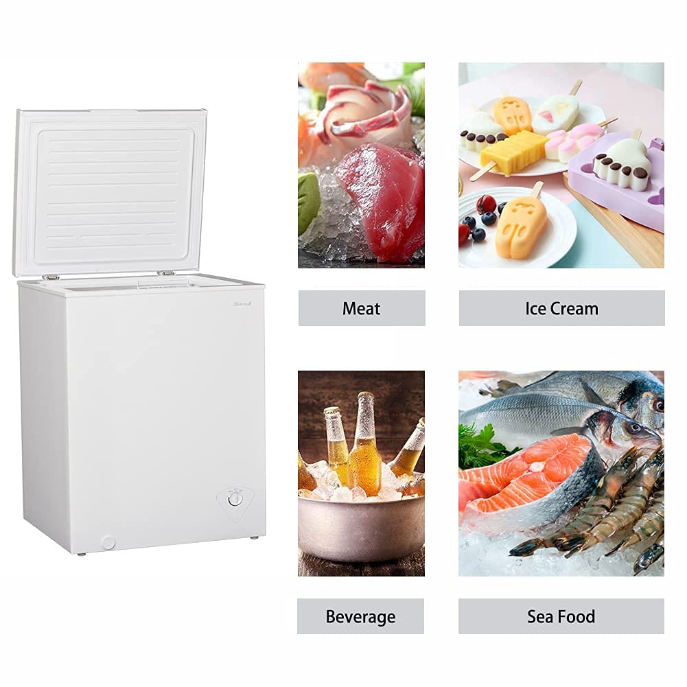 Smad 5.0 Cu Ft Chest Freezer with Removable Basket Free Standing Compact Freezer with Adjustable Temperature Top Open Door Deep Freezer Ideal for Apartment Garage Basement Office RV and Kitchen, White