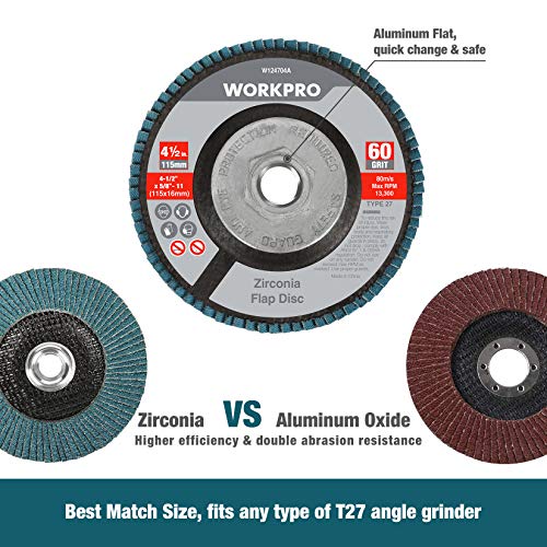 WORKPRO 5 Pack Zirconia Flap Disc, 60 Grit, Angle Grinder Sanding Disc, 4-1/2 inch Grinding Wheels, Flap Wheel Type#27 for Metal Grinding, Blending and Smooth Finishing