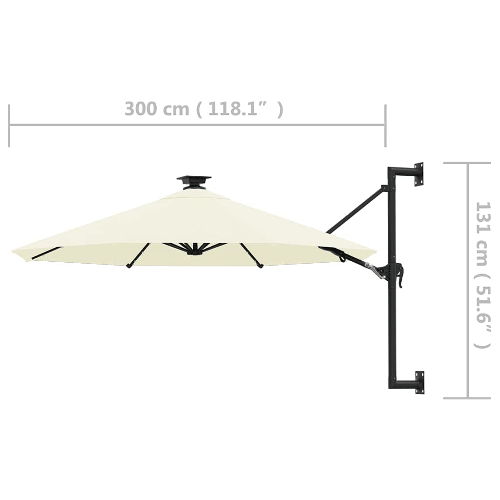 Natulvd Wall Mounted Parasol with LEDs, Outdoor Umbrella Canopy with Metal Pole, Patio Garden Sunshade for Doors & Windows, 118" Deck Canopy - Cream