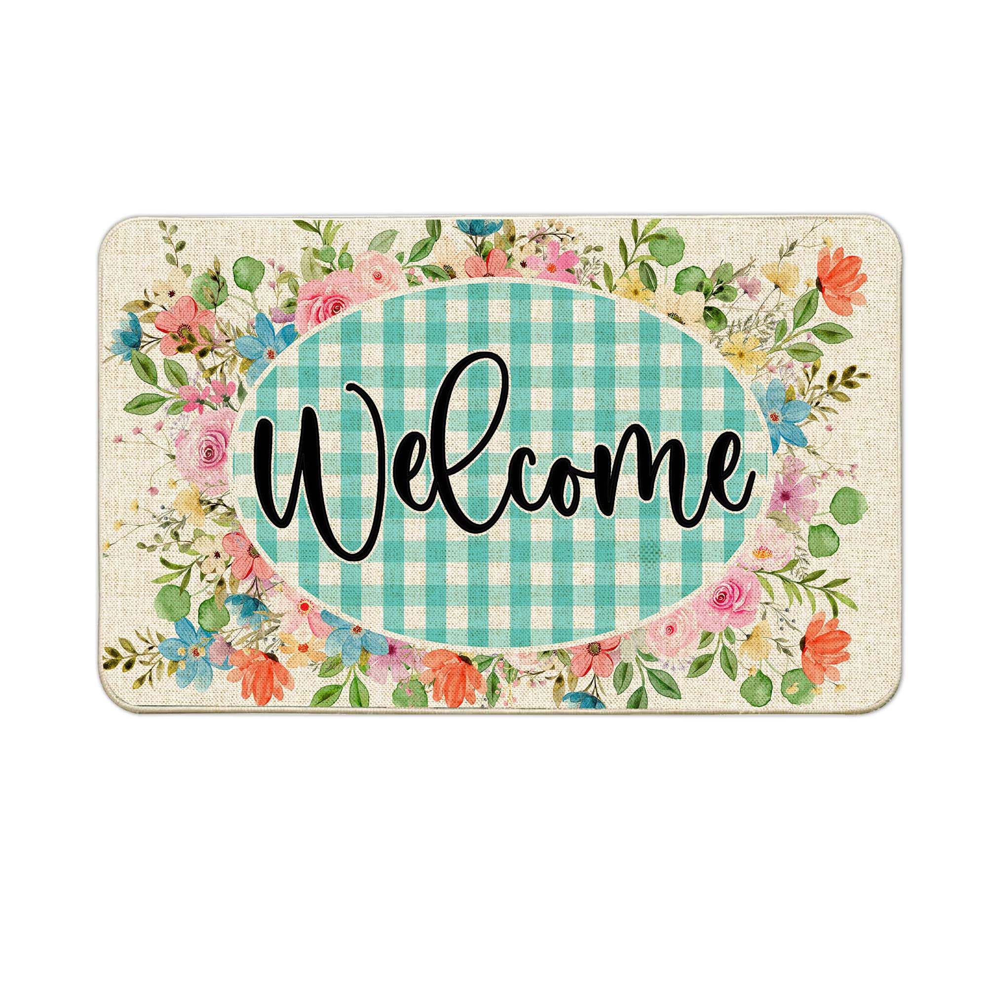 Spring Door Mat, Hello Spring Welcome Mats Outdoor for Front Door, Flowers Blossoms Seasonal Non Slip Farmhouse Doormat Indoor Entryway Floor Rug for Entrance Outside Entry Home Decor 17”x29”