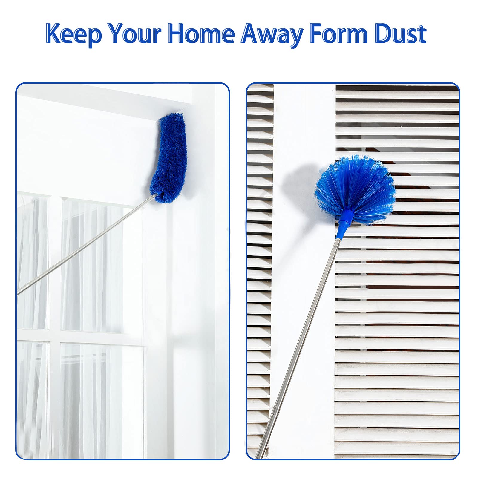 Microfiber Dusters w 2 Handle Sets, Durable 15~100 Inchs Long Telescopic Rod, Washable, Feather Dusters for Cleaning Cobweb, Ceilings Fans (5 Pack)…… Blue