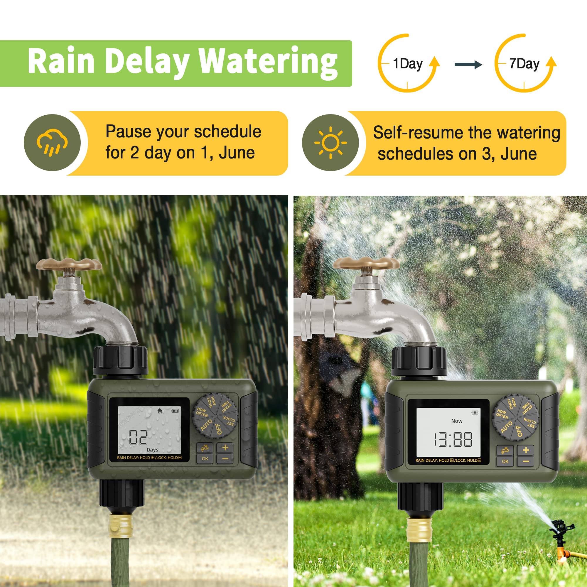Sprinkler Timer, Diivoo Hose Timer with Timing and Frequency Irrigation, Water Timer for Garden Hose with Rain Delay and Manual Watering for Lawn, Green