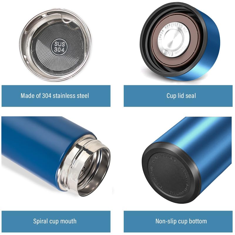 Smart Water Bottle Stainless Steel Vacuum Flask,Travel Mug with Smart LCD Touch Screen, Keep Hot Or Cold, Car Portable Travel Tea Coffee Vacuum Thermoses Cup,Insulated Water Bottle (Blue)