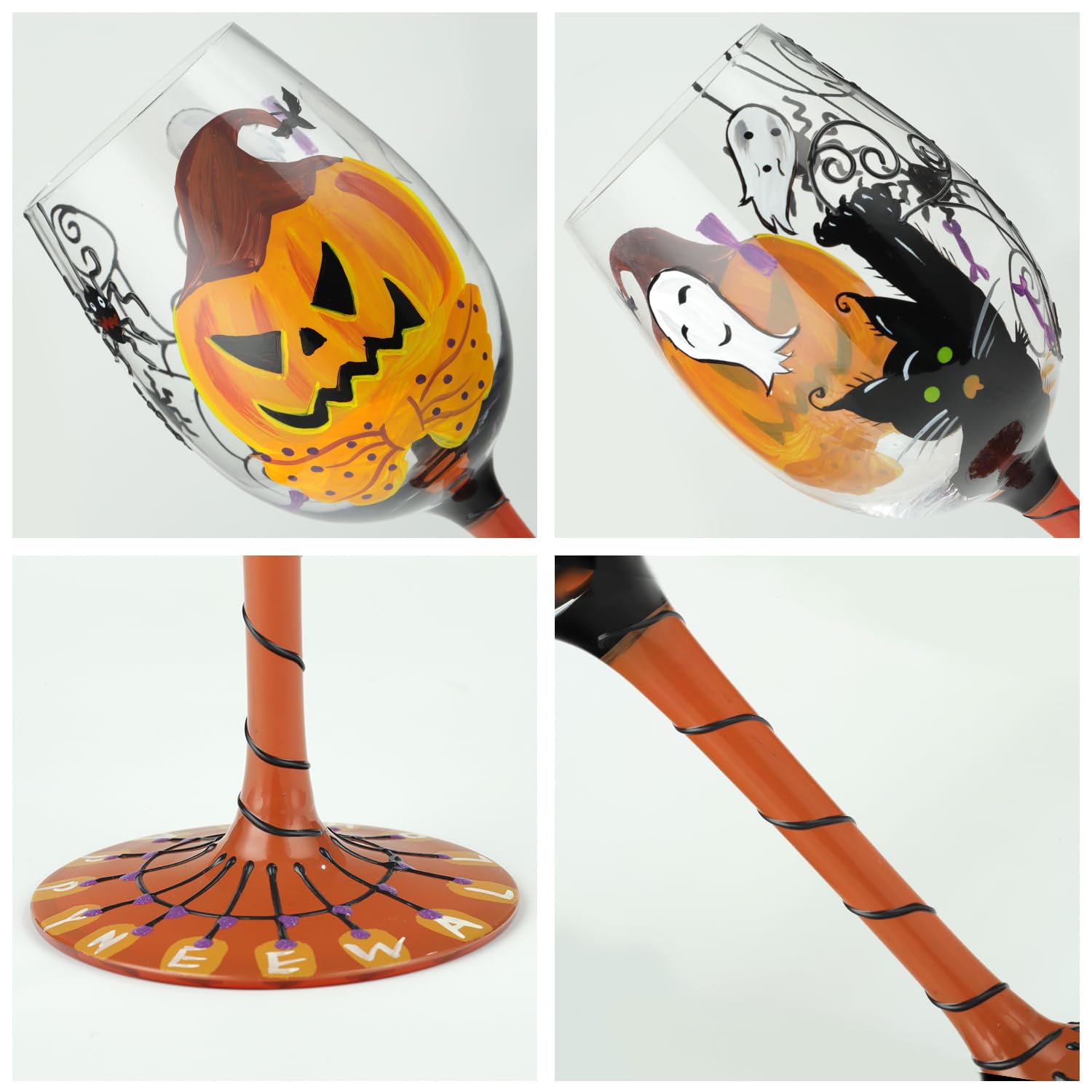 NymphFable Halloween Hand Painted Wine Glass Pumpkin Black Cat Spider Cobwebs Ghosts Unique Halloween Wine Glass for Home Party Friend