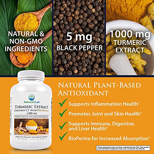 Nature's Lab Turmeric Extract with Curcumin C3 & BioPerine 1000mg - Promotes Cardiovascular, Digestion and Immune Health - 60 Capsules (30 Day Supply)