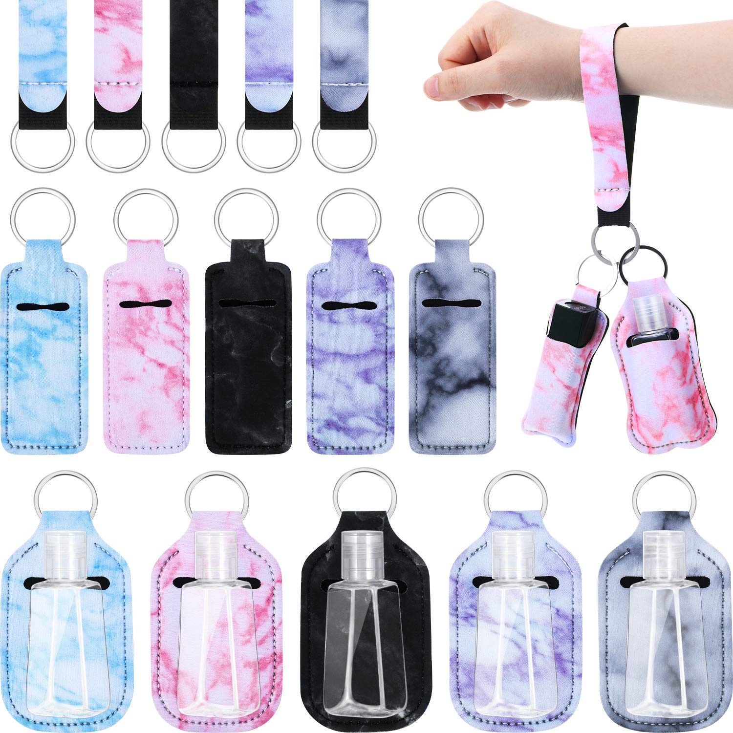 Patelai 20 Pieces Travel Bottle Keychain Holders Set, 5 Lipstick Holder 5 Keychain Wristlet Lanyards 5 Lipstick Holder Keychain 5 Plastic Empty Bottles for Liquid Lotion Toiletry (Marble Style)