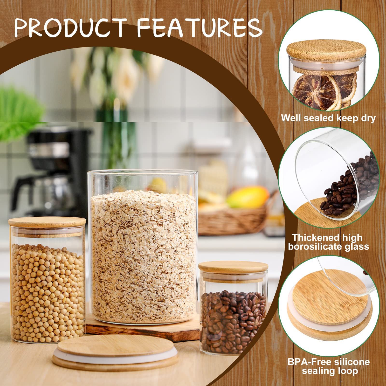 Mifoci 6 Pcs Christmas Cookie/Candy Storage Jars Glass with Airtight Bamboo Lid 95/32/14 Oz, Clear Glass Food Storage Container Stackable Kitchen Canister with Sealing Lid for Xmas Winter Party Supply