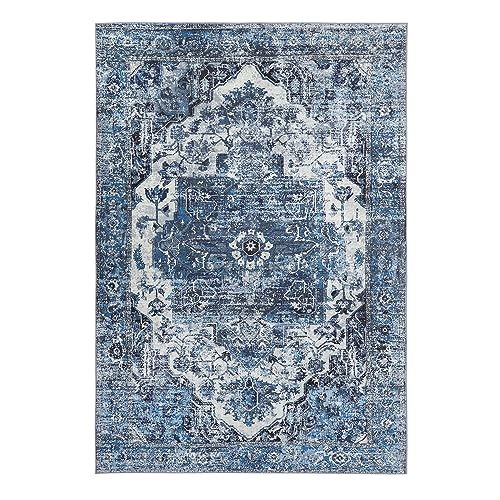 Zacoo Washable Rug Boho Rug Vintage 5x7 Area Rugs for Living Room Bedroom Dining Room Distressed Non Slip Rugs Carpet Non Shedding Oriental Rug, Blue