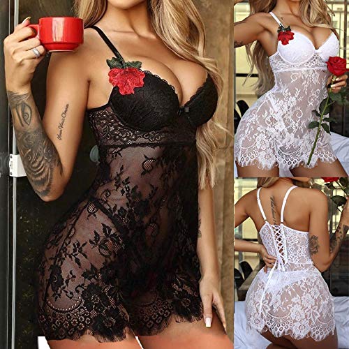 wodceeke Women's Sexy Sling Lace One-piece Plus Size lingerie Embroidered See-through Hollow Bodysuit Pajamas Sleepwear (White, XXL)