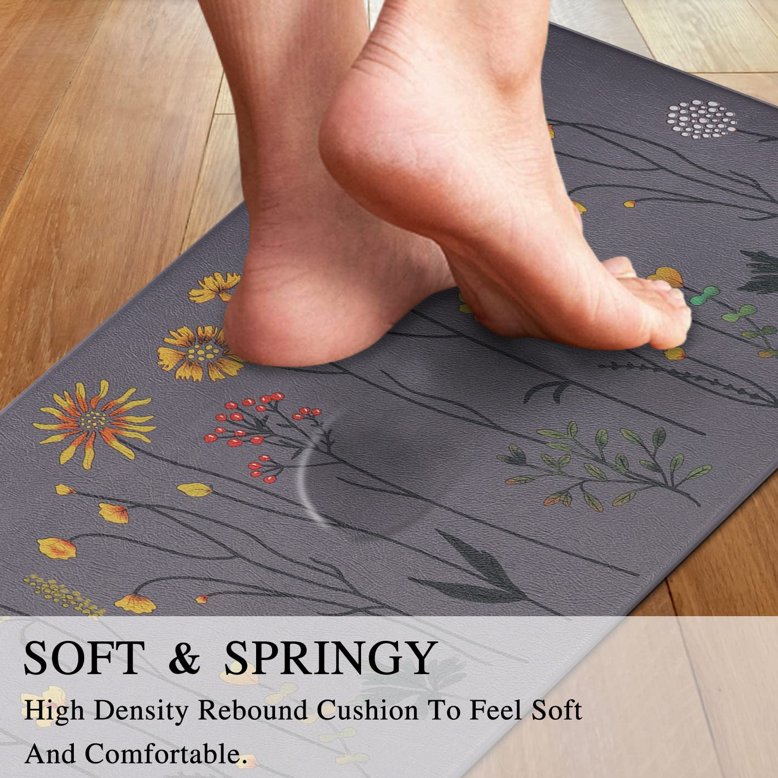 Rempry Kitchen Rugs and Mats Set of 2, Colorful Flowers , Non Slip Cushioned Anti-Fatigue Floor Mats for Kitchen Sink Office, 17"x47"+17"x29"