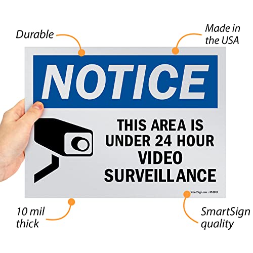 SmartSign (Pack of 5) 9 x 12 inch “Notice - This Area Is Under 24 Hour Video Surveillance” Sign, Screen Printed, 10 mil Polystyrene Plastic, Blue/Black on White
