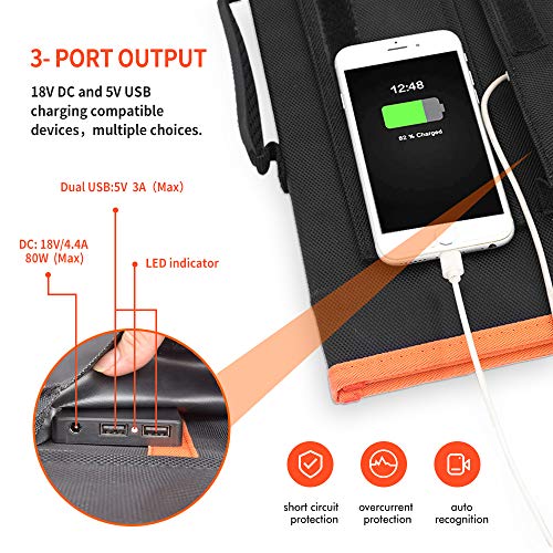 XINPUGUANG 80W 12V Foldable Solar Panel Kit Portable Solar Charger USB DC Output for RV/Camping/Portable Power Station/Cell Phone