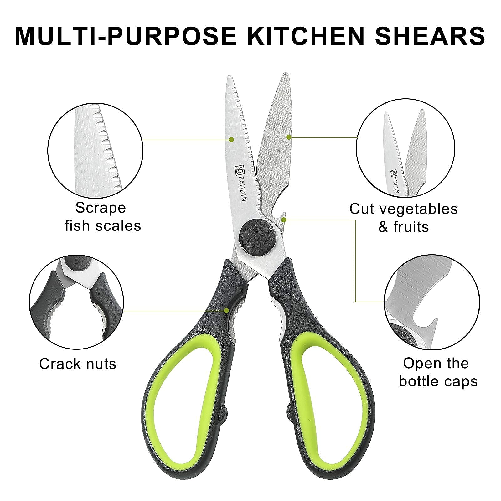 PAUDIN Kitchen Shears, Premium Stainless Steel & Ultra Sharp Shears Come Apart with Comfortable Grip, Multipurpose Utility Food Scissors for Meat, Pizza, Chicken, Fish, Salad, Herbs, BBQ, Black Green
