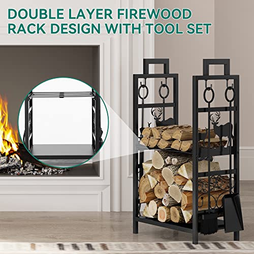YITAHOME 2.6x1.3ft Firewood Rack Tools Set Wood Log Holder for Fire Place Outdoor Indoor Accessories - 2 Layer Iron with Brush, Shovel, Tong, Hook, Lumber Kit Storage Stacking, Black
