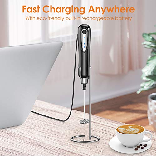 ZEBRE Electric Milk Frother, Handheld Rechargeable 3 Speed Foam Maker Blender Mixer with Durable Stainless Stand for Coffee, Latte, Cappuccino, Hot Chocolate, Black