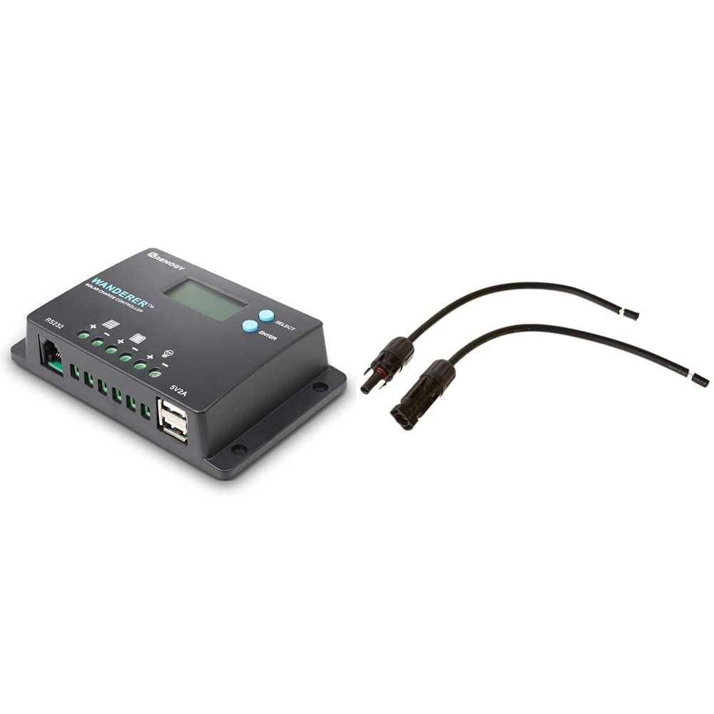 Renogy 10 Amp 12V/24V PWM Negative Ground Solar Charge Controller Compact Design w/LCD & One Pair of 9In 12AWG Adaptor Kit Solar Cable Wire PV with Female & Male Connectors