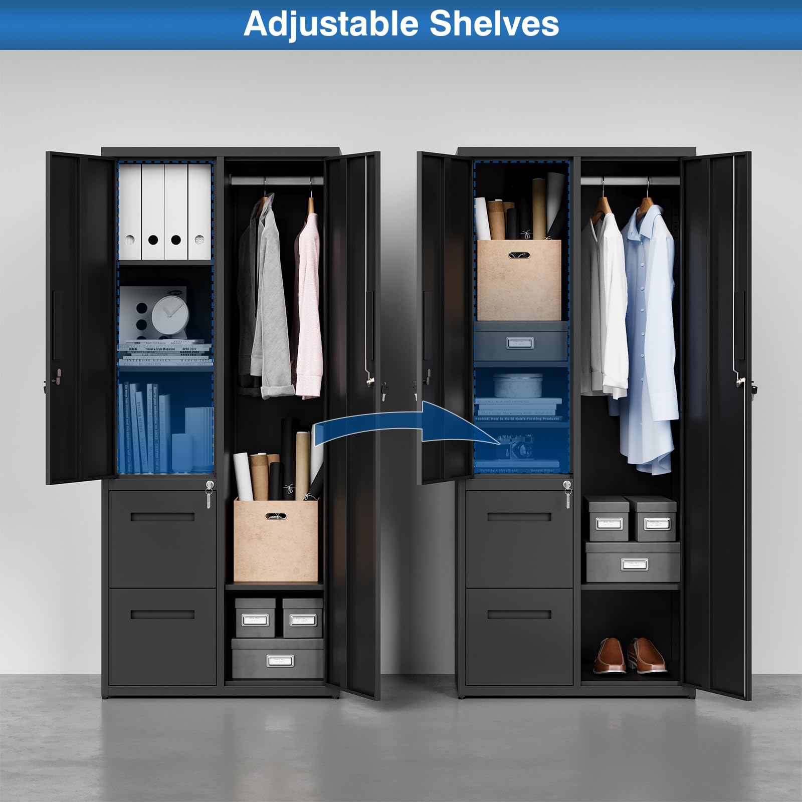 PEUKC Metal Storage Cabinets with Locking Doors, 67" Freestanding Clothing Coat Storage Wardrobe Lockers for Office, Home, School, Garage, Gym (Black)