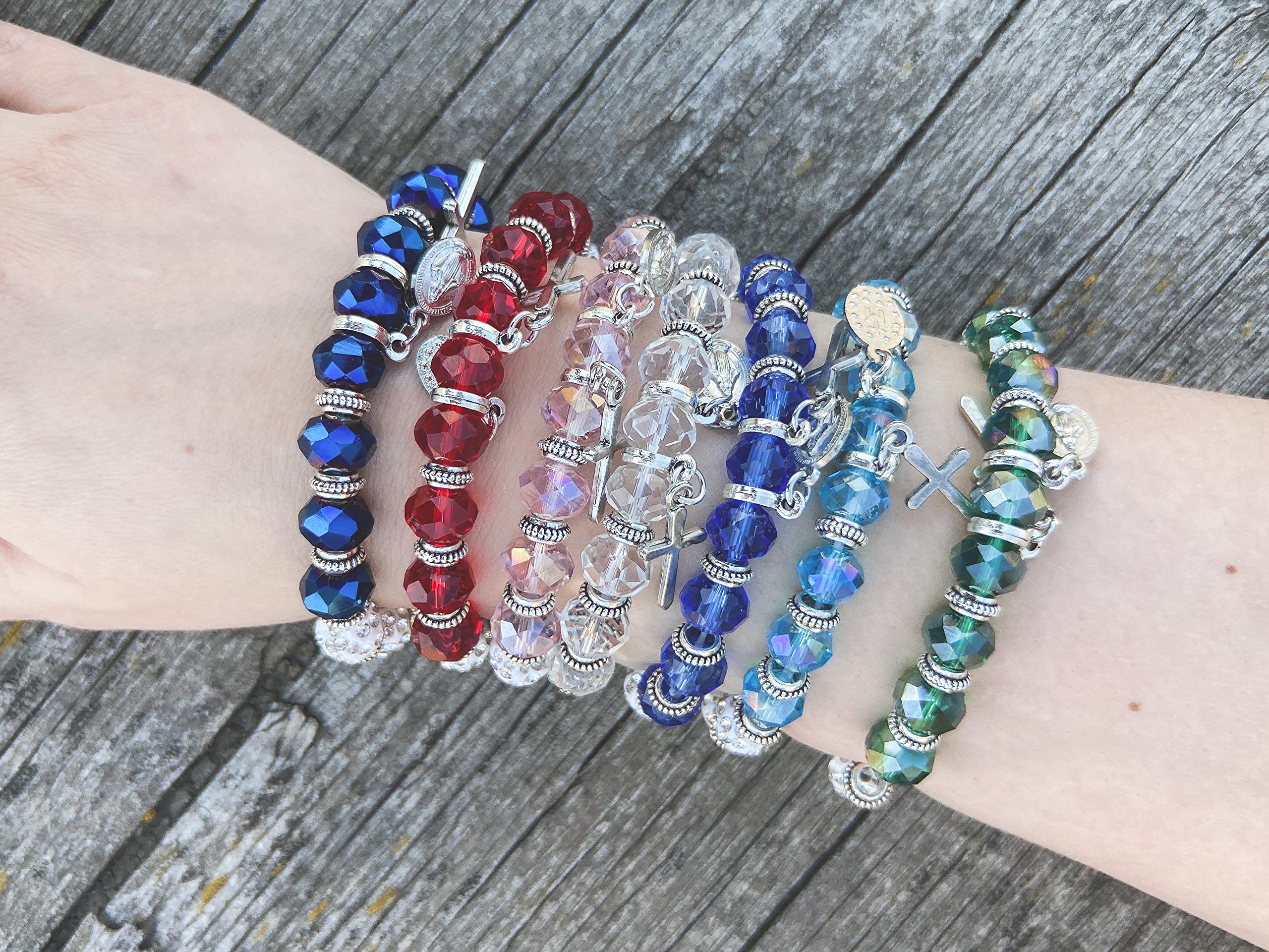 Nazareth Store Women's Beaded Stretch Rosary Bracelet Deep Blue Crystal Beads Bangle Crucifix & Miraculous Medal