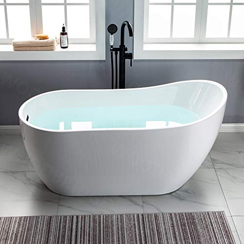 WOODBRIDGE 59" Acrylic Freestanding Bathtub Contemporary Soaking White Tub with Matte Black Overflow and Drain,B1530 -MB-Drain &O