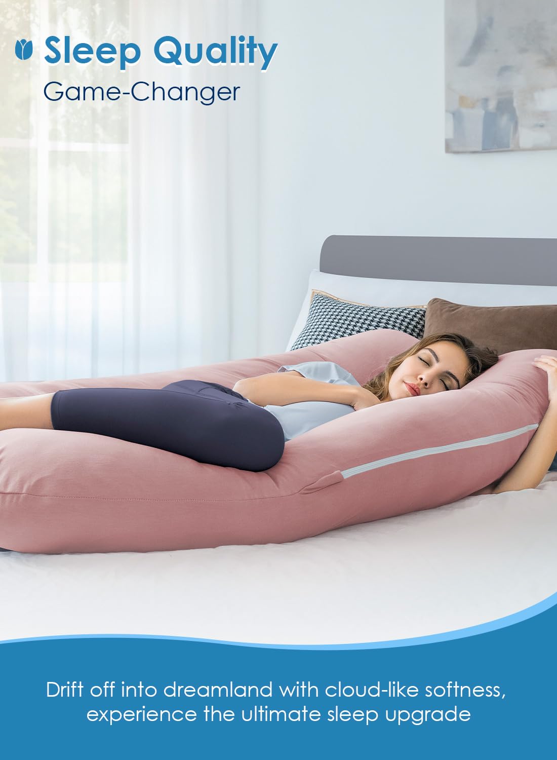 QUEEN ROSE Pregnancy Pillows for Sleeping, Cooling U Shaped Body Pillow, Maternity Pillow for Pregnant Women with Silky Soft Cover, Pink