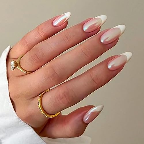 YOSOMK French Tip Press on Nails Almond Medium Fake Nails with Chrome Designs Glossy Nude False Nails Mirror Glue on Acrylic Nails for Women