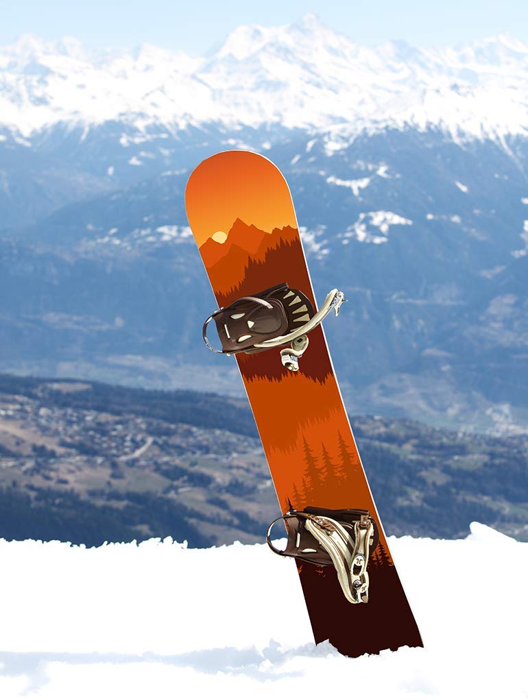 Snowboard Wrap 169 - Orange Mountains, Sunset, Trees Snowboard Graphic Decal - Includes Application Squeegee - 14 inch x 65 inch fits most snowboards