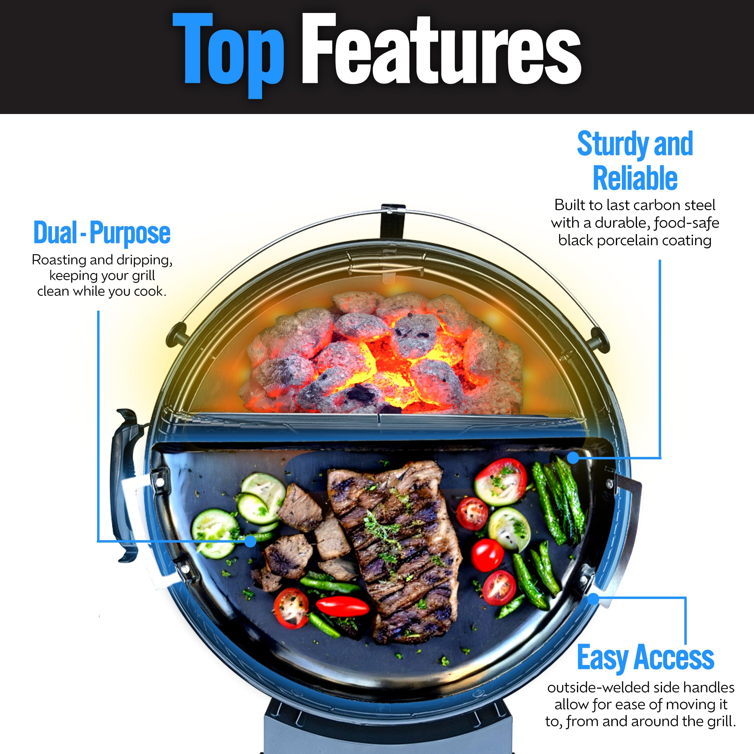 SnS Grills Slow ‘N Sear Porcelain Drip 'n Roast Pan for Kettle Grilling, All-in-One Carbon Steel with Black Porcelain Coating Drip and Roast Accessory - 22” Grill Fit