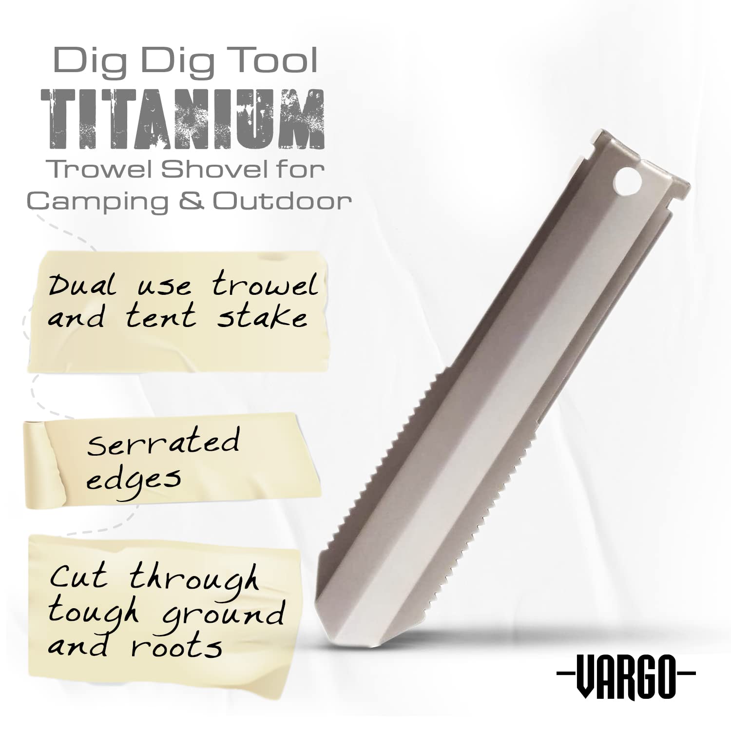 Vargo Titanium Dig Dig Tool | Compact Backpacking Trowel Shovel for Camping & Outdoor Activities | Light Weight Essential Multi Tool Shovel & Tent Stake for Hikers & Outdoor Survivors