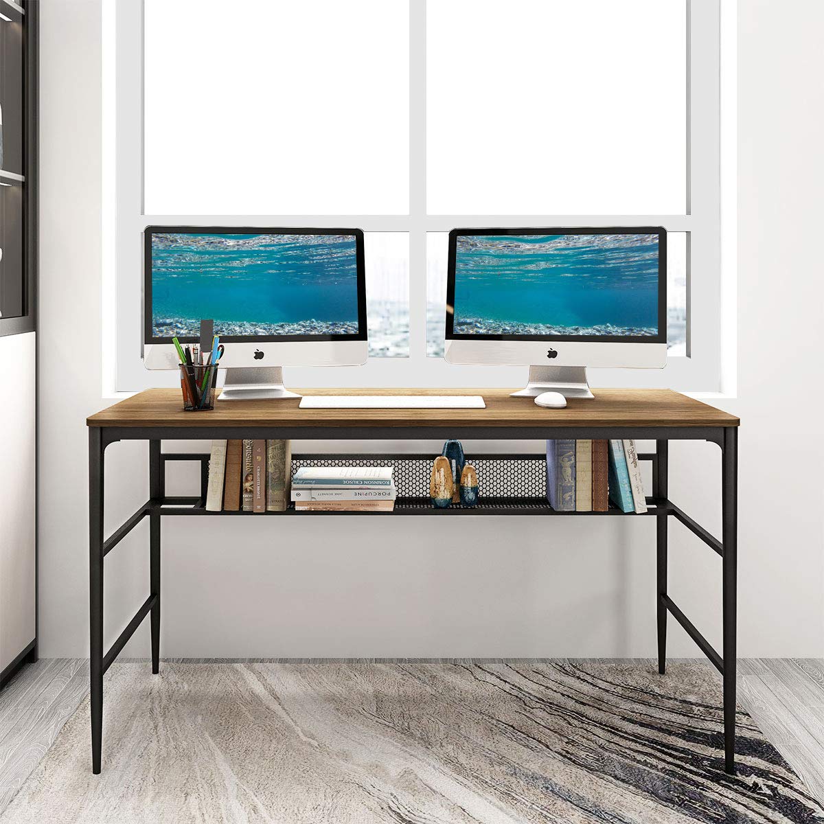 O&K FURNITURE Computer Desk with Book Shelf,55 Inch Study Writing Table, PC Laptop Desk for Home Office Workstation,Rustic Brown