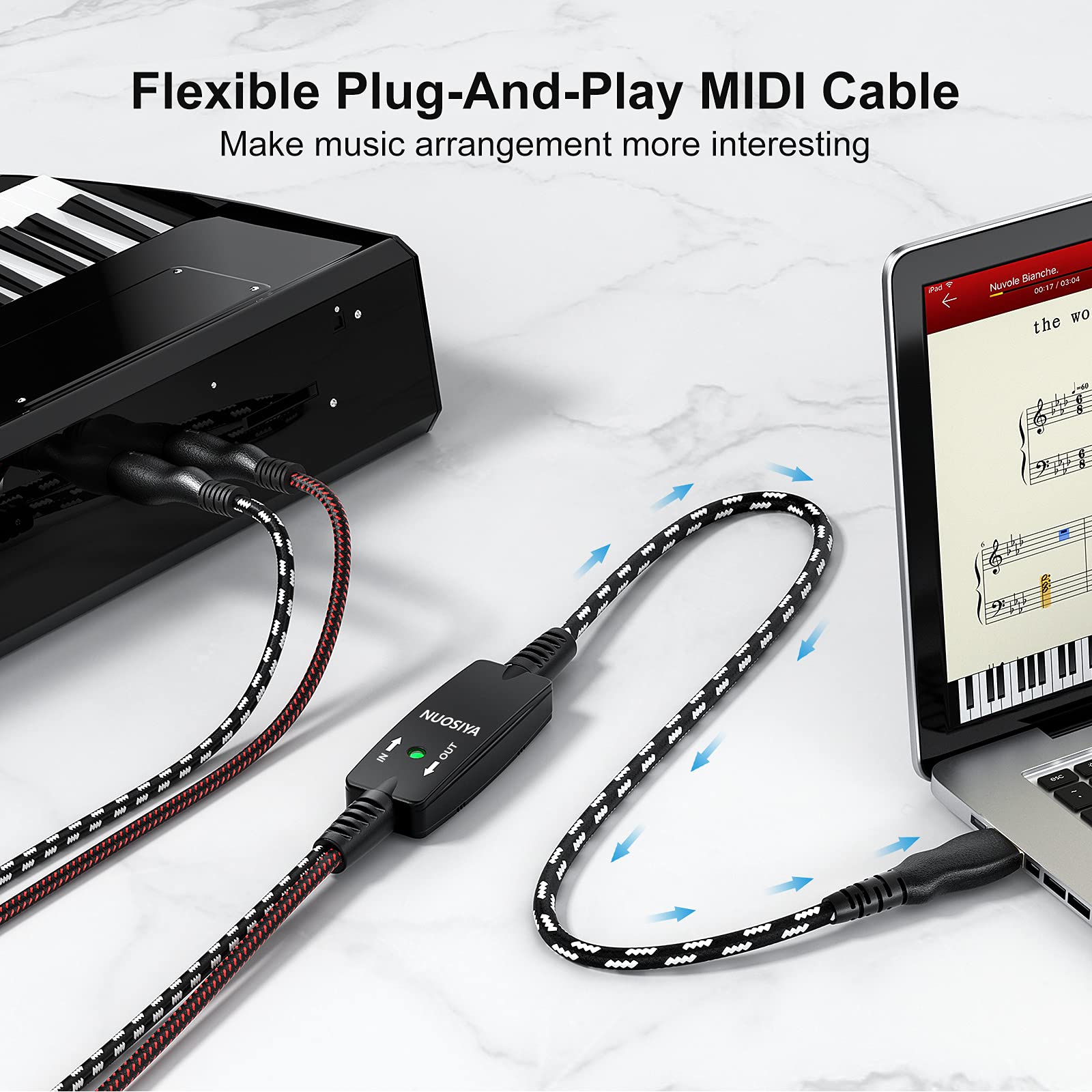 NUOSIYA USB to MIDI Cable 6.5Ft, USB MIDI Interface Adapter,MIDI to USB Cable Converter for Music Keyboard Piano to PC Mac Laptop Windows Android