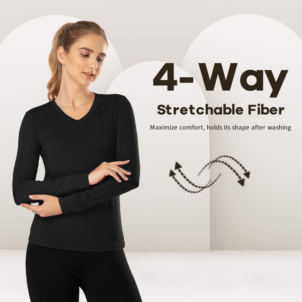 MANCYFIT Womens Thermal Underwear Long Johns Set with Fleece Lined Ultra Soft V Neck Black Large